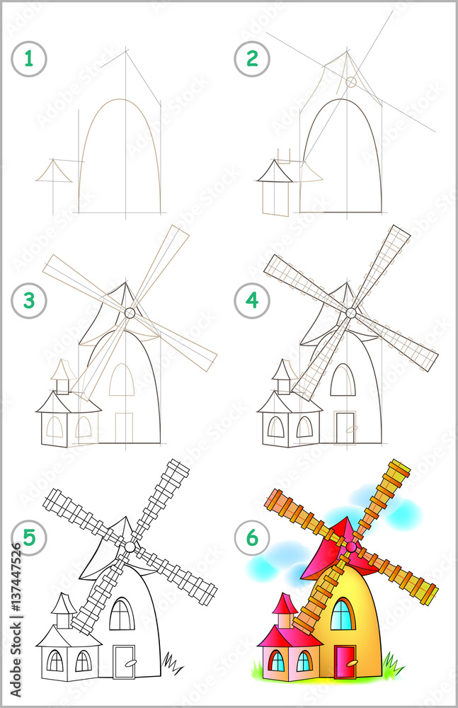 Page shows how to learn step by step to draw a windmill. Developing ...