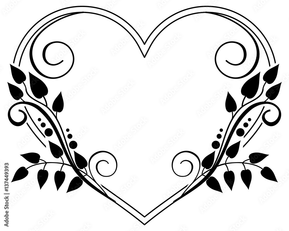 Heart-shaped black and white frame with floral silhouettes. Vector clip ...
