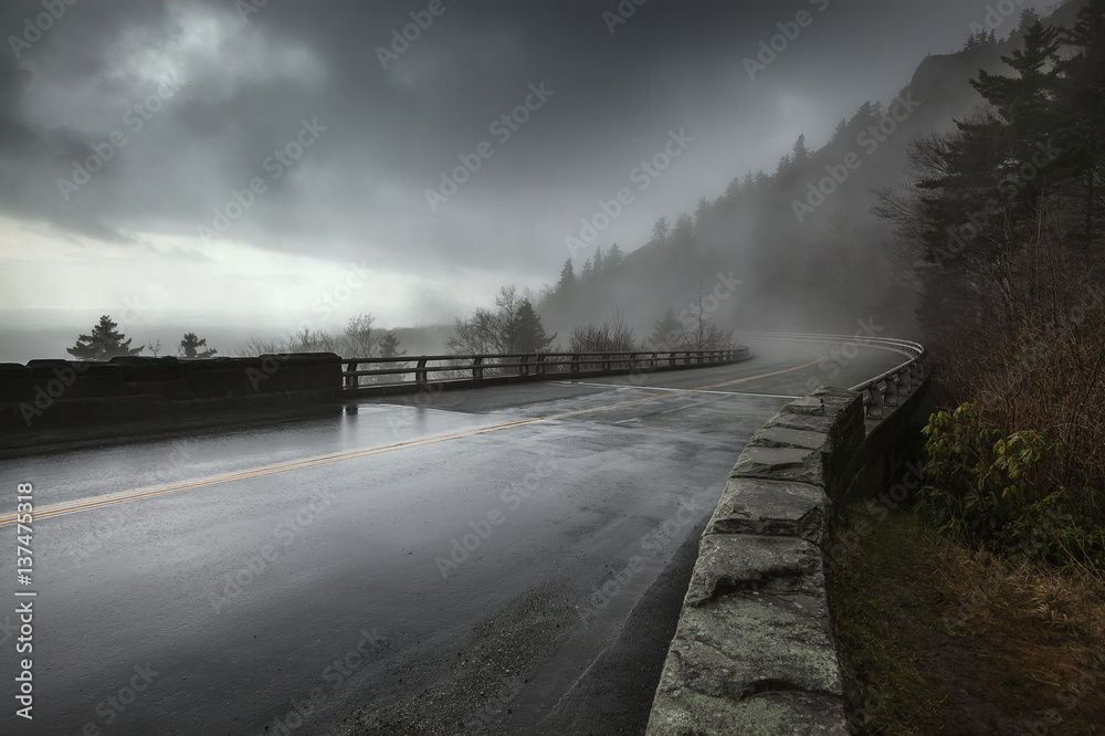 Rain on a wet bridge of North Carolina?s Linn Cove Viaduct on the Blue ...