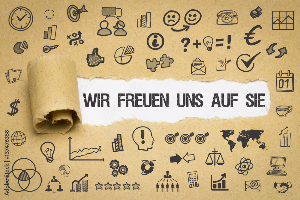 Wir freuen uns auf Sie / Papier mit Symbole foto de Stock | Adobe Stock