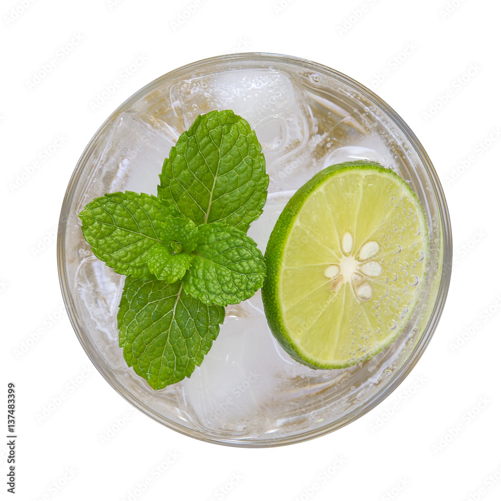 Lime soda mojito drink cocktail with mint top view isolated on white ...