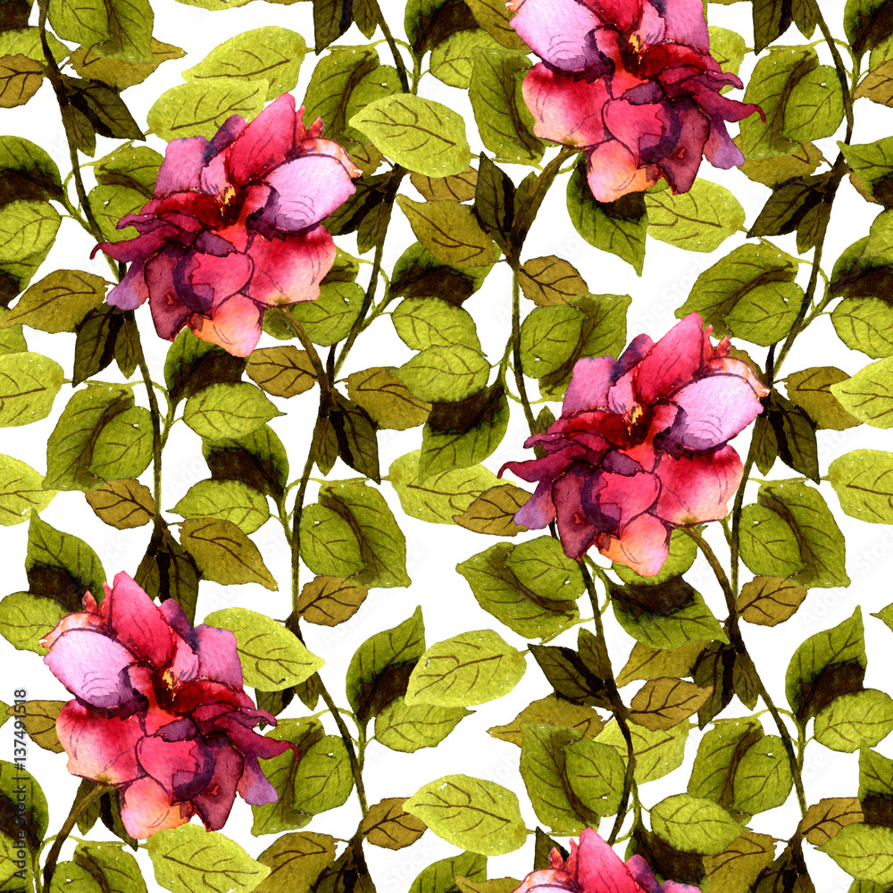 Seamless floral template with purple rose and green leaves Stock ...