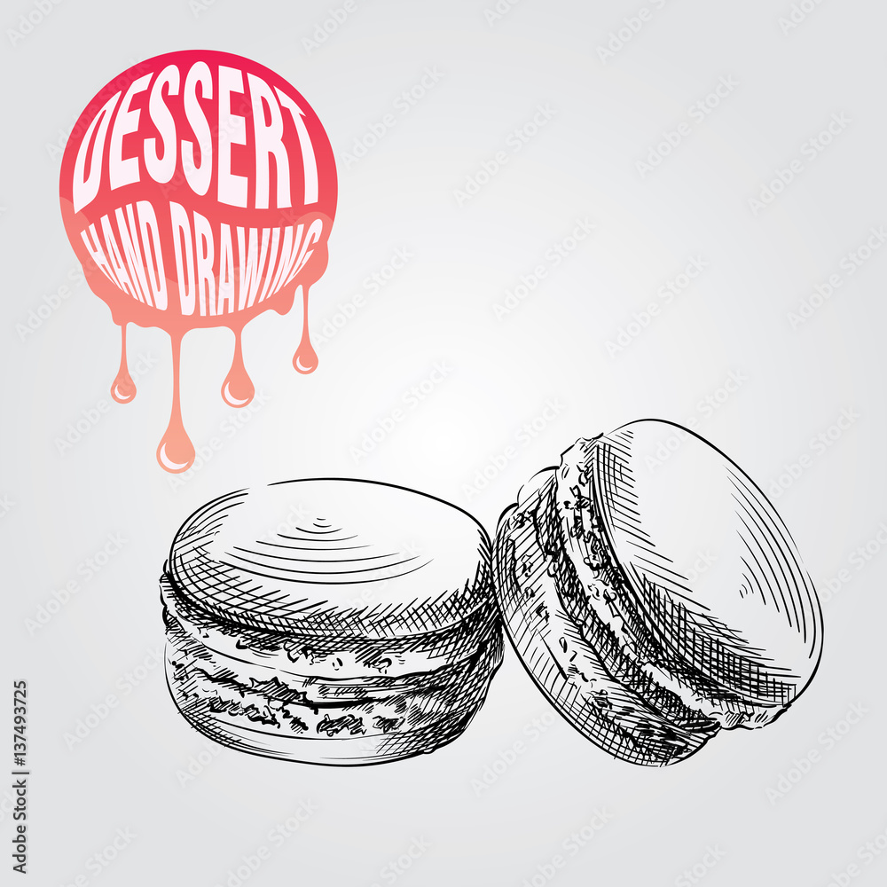 Macaroon hand drawn sketch isolated on white background and pink blob ...