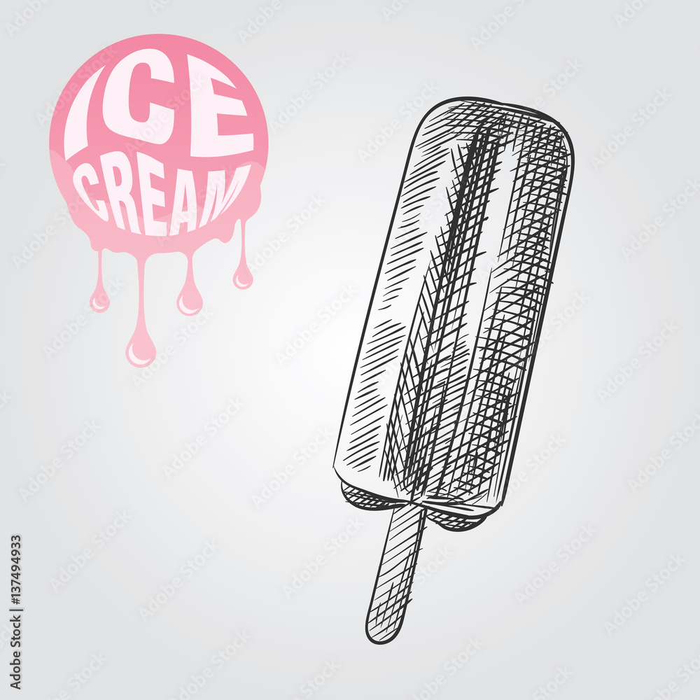 Ice lolly hand drawn sketch isolated on white background and pink blob ...