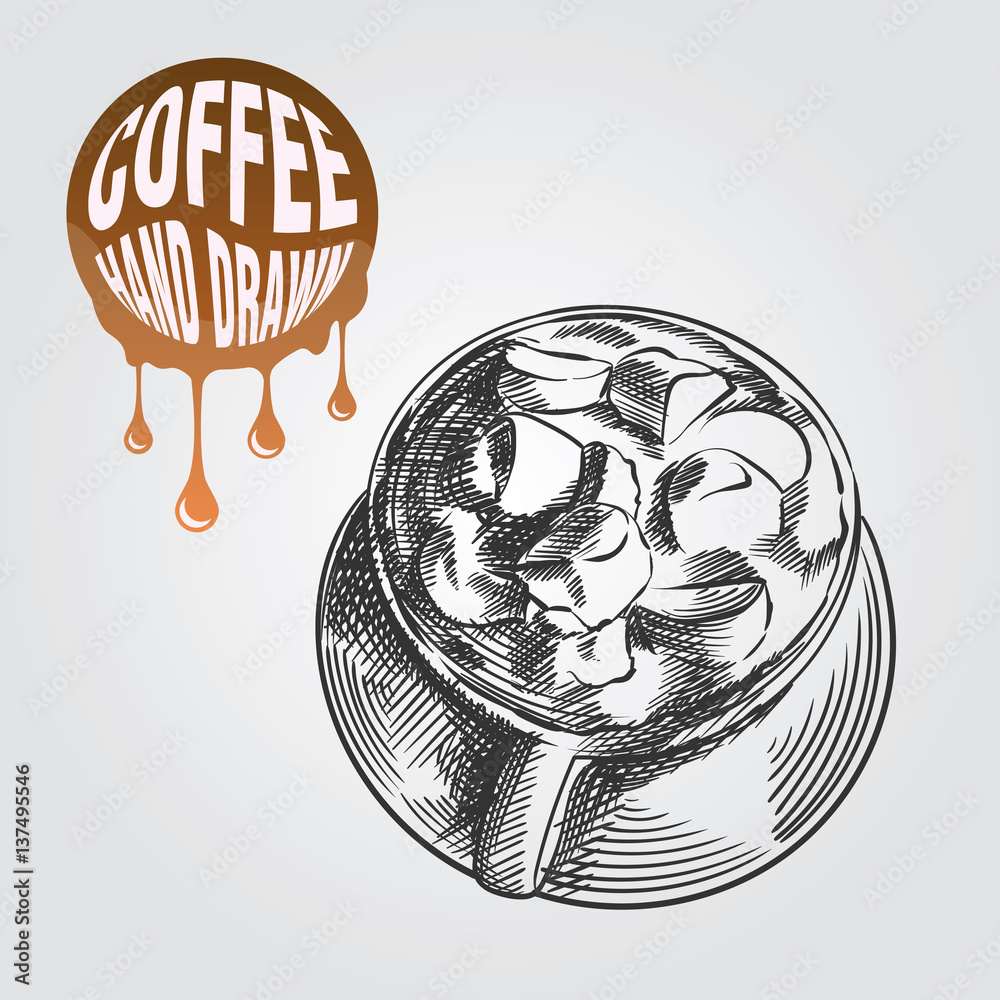 Coffee in a cup hand drawn sketch isolated on white background and blob ...