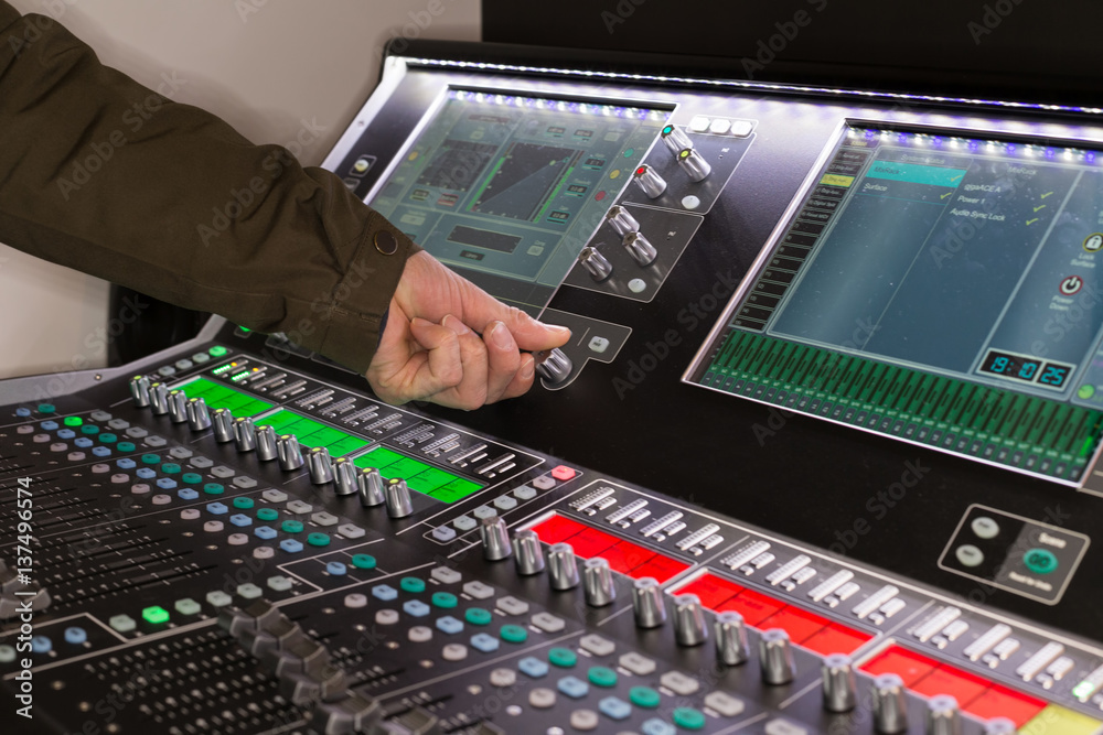 Large panel of the stage controller with screens Stock Photo | Adobe Stock