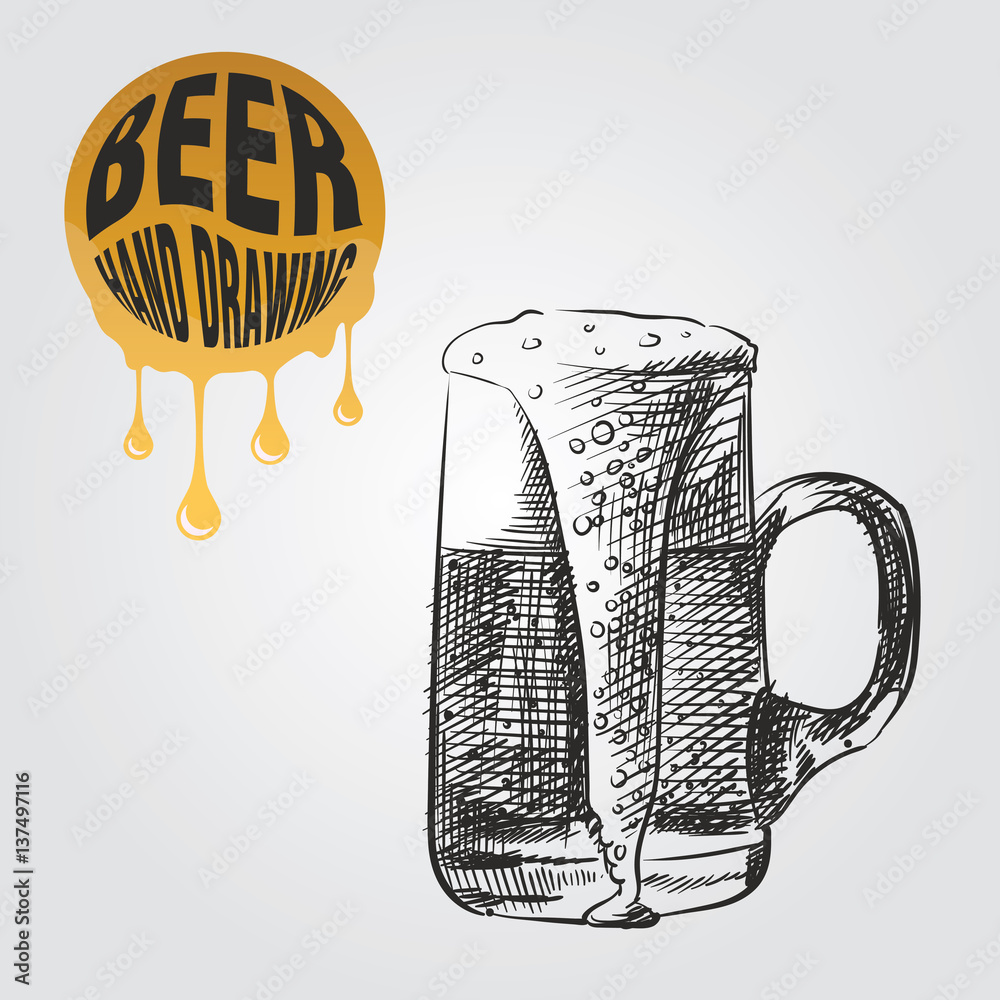 Beer in glass hand drawn sketch isolated on white background and yellow ...