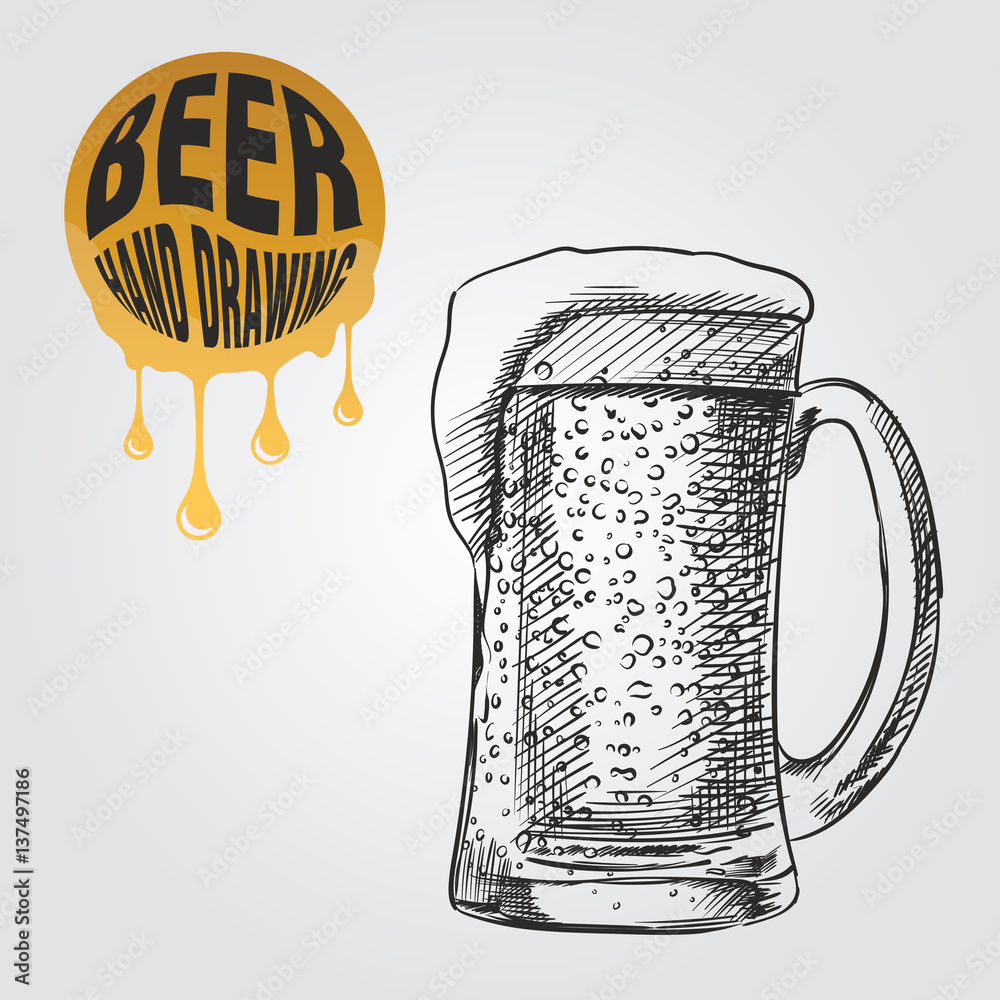 Beer in glass hand drawn sketch isolated on white background and yellow ...
