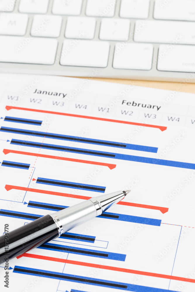 Project management and gantt chart with keyboard and pen Stock Photo ...