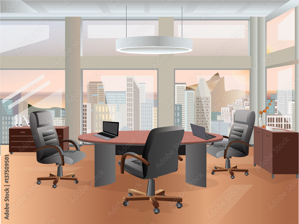 Office interior vector business background, tables chairs, computer ...