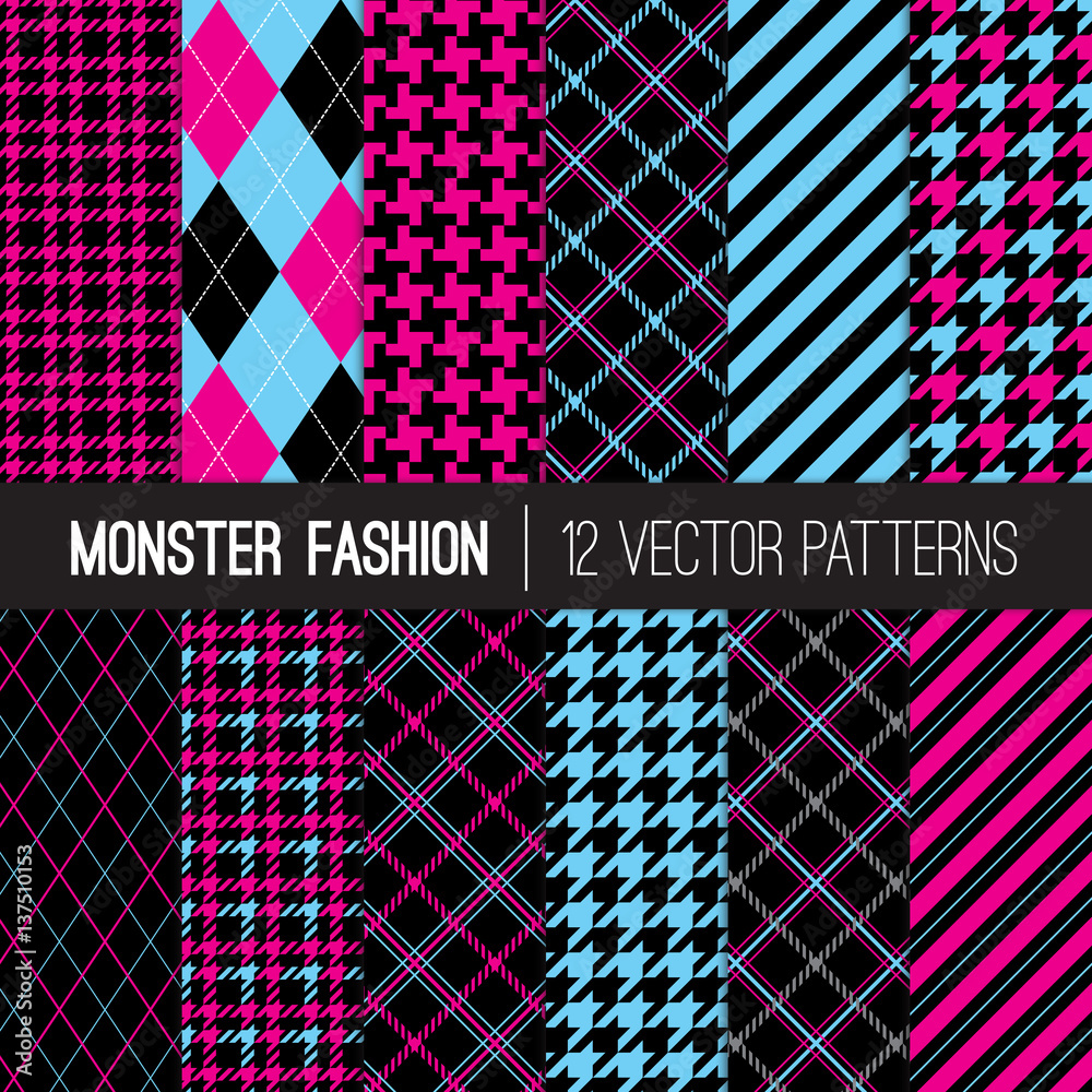 Nineties Grunge Fashion Patterns in Neon Pink, Blue and Black. Preppy ...