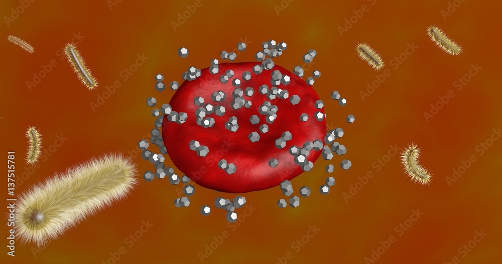 Nanobots, tiny particles, robots, swarm protecting cell from bacteria ...