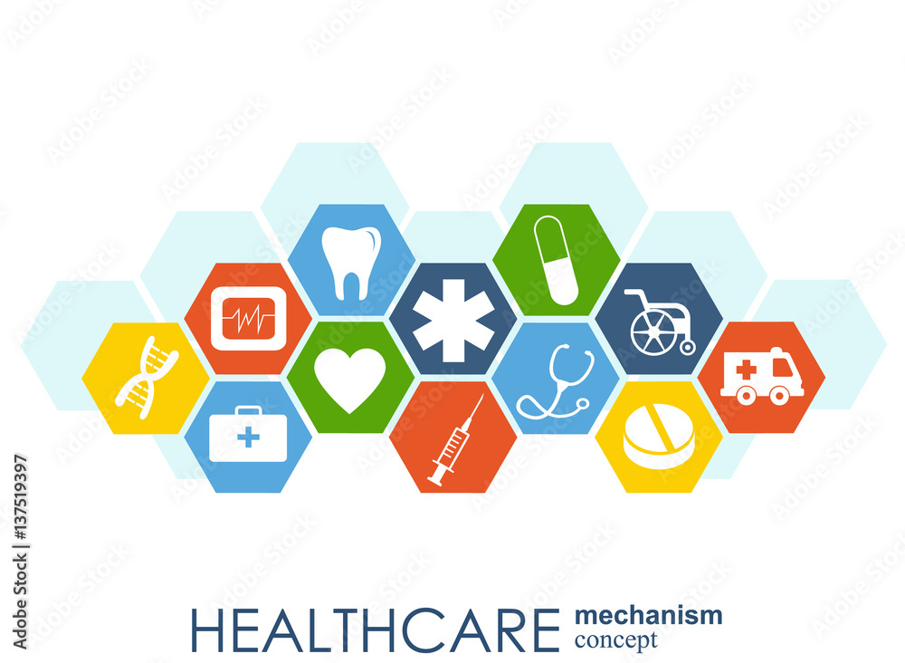 Healthcare mechanism concept. Abstract background with connected gears ...