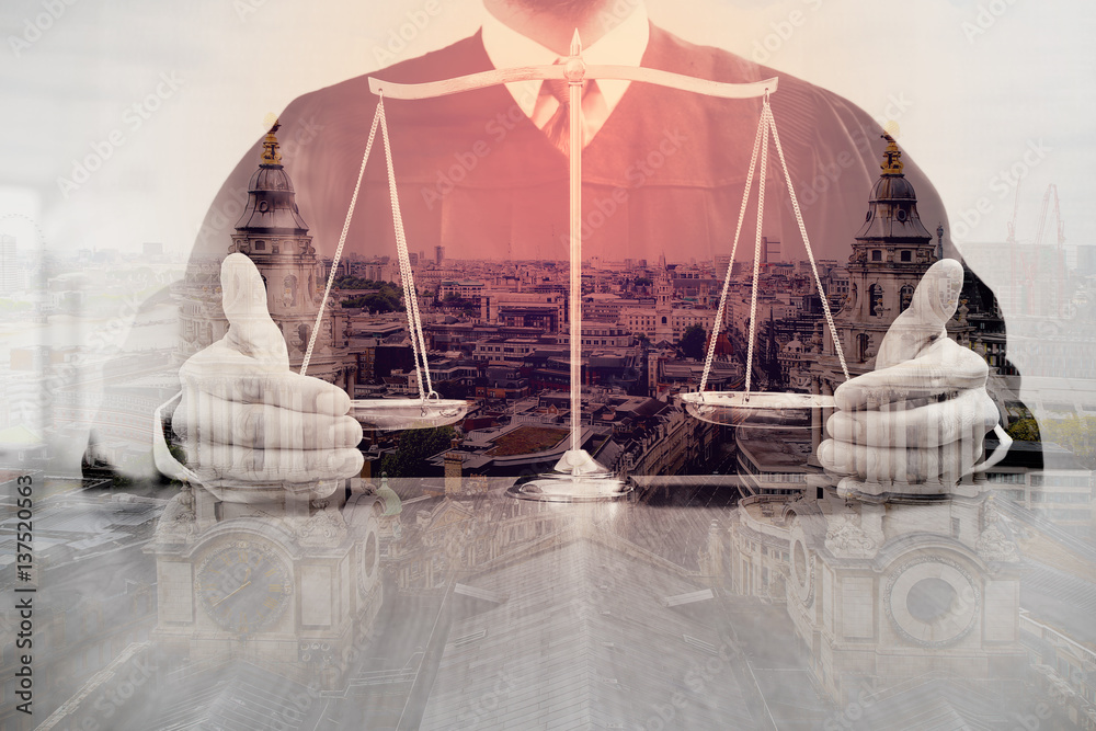 justice and law concept.Male judge in a courtroom with the balance ...