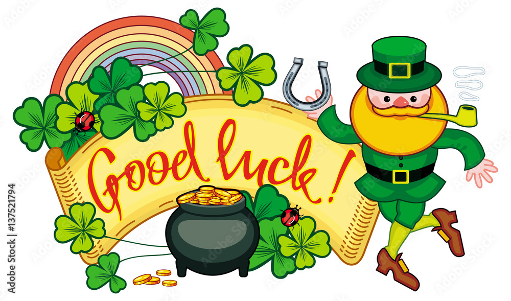 Holiday label with shamrock, rainbow, leprechaun and a pot of gold ...