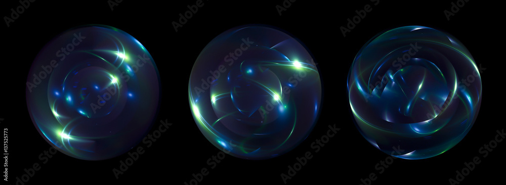 3D Atom icon. Luminous nuclear model on dark background. Glowing energy ...