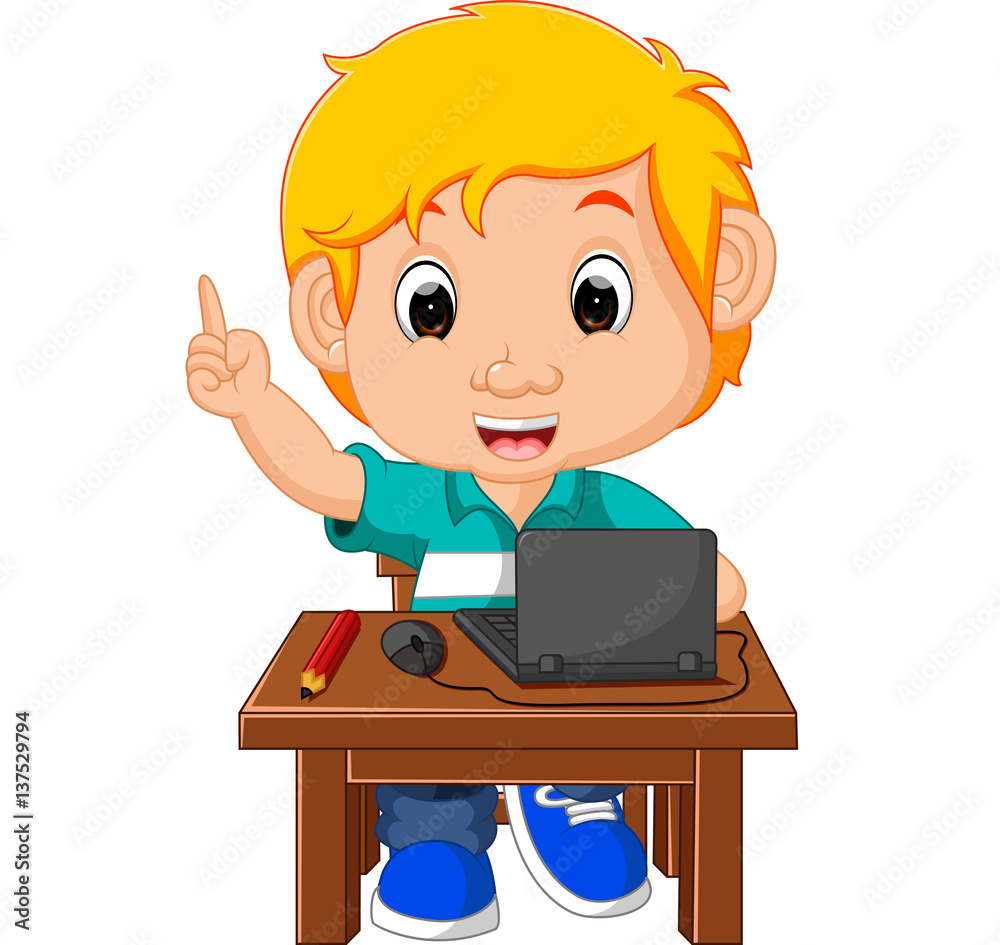 Kid Boy Using the Computer cartoon Stock Vector | Adobe Stock