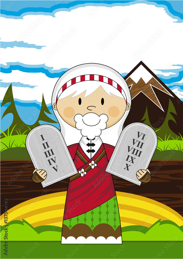 Cute Cartoon Moses with the Ten Commandments Stock Vector | Adobe Stock