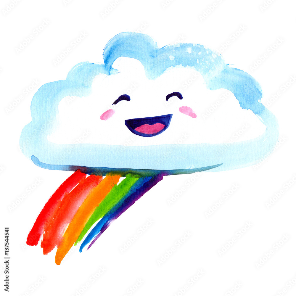 Happy cartoon cloud with rainbow painted in watercolor on clean white ...