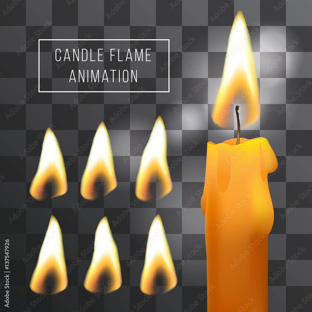 Vector wax candle flame animation on transparent background. Fire light ...