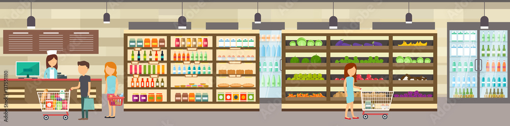 Supermarket store with goods. Big shopping center. Interior store ...
