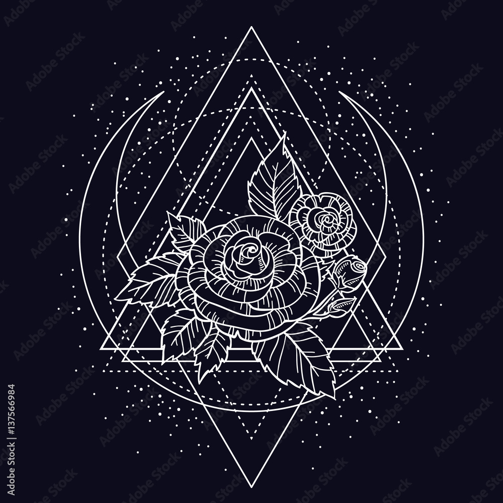 rose flower with sacred geometry frame. Tattoo, mystic symbol. Boho ...
