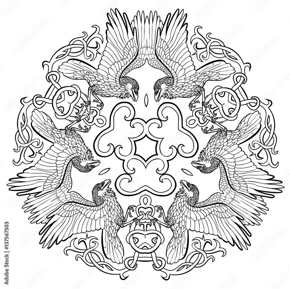Vector illustration of celtic ravens ornament black and white Stock ...