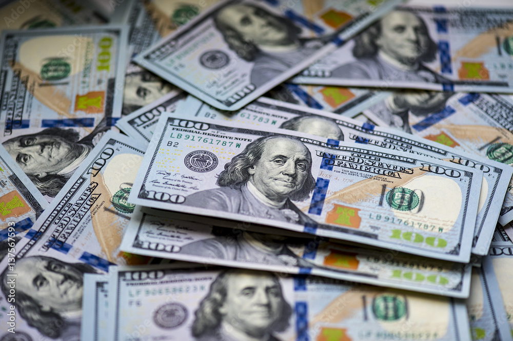 Background of a modern 100 dollar bills, large picture of the stack of ...