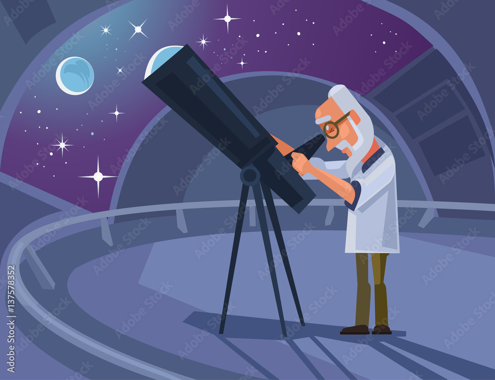 Astronomer scientist character looking through telescope. Vector flat ...