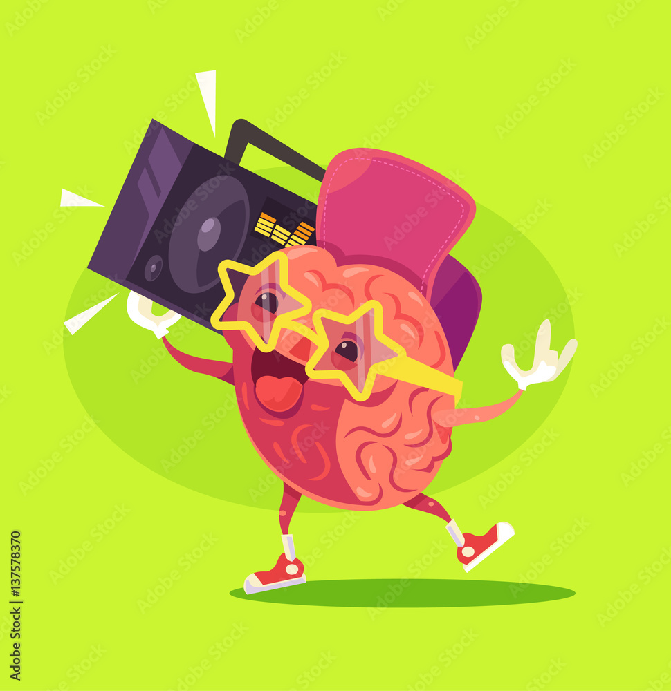 Happy funny brain character listens to music. Vector flat cartoon ...