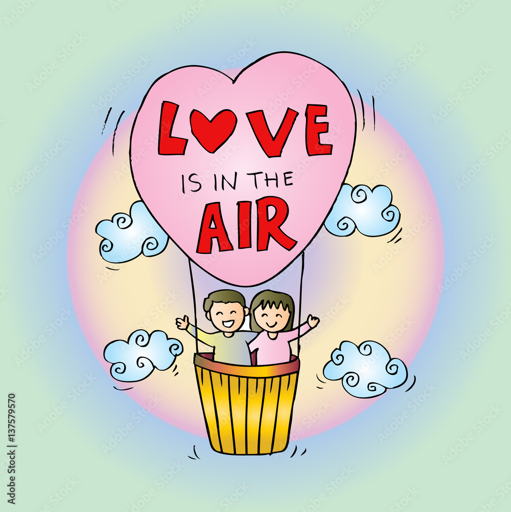 Love is in the air lettering With Couple In Hot Air Balloon. Stock ...