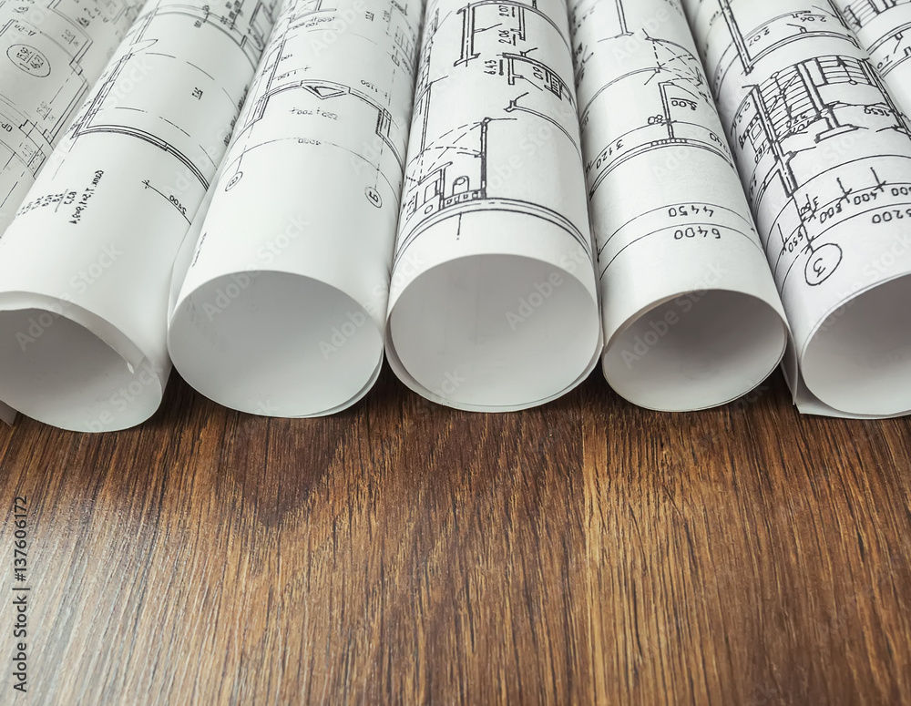 Architect workplace. Architectural project, blueprints, blueprint rolls ...