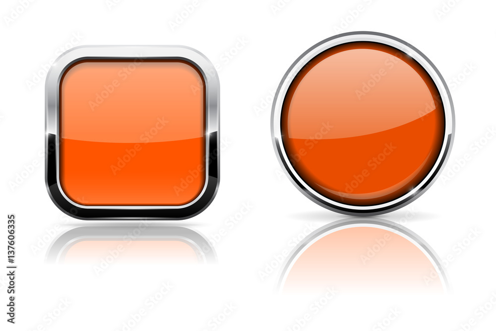 Orange buttons. Shiny glass square and round buttons with chrome frame ...