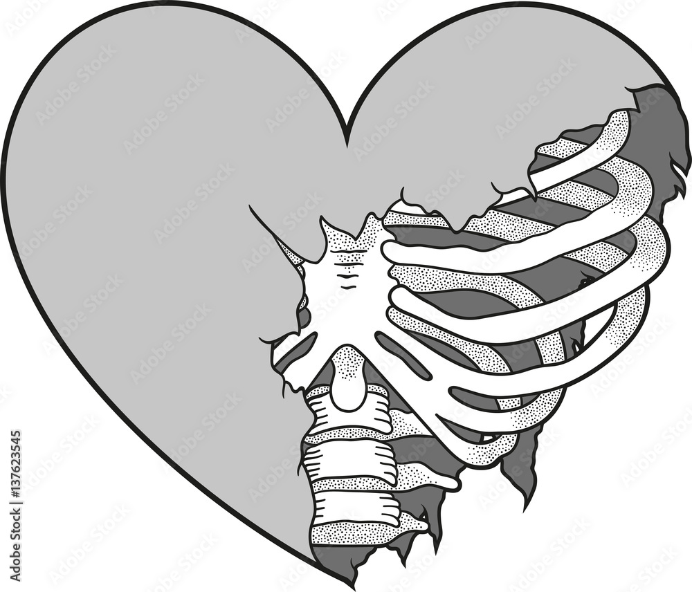 Vector illustration of a grayscale ripped heart with ribs underneath ...