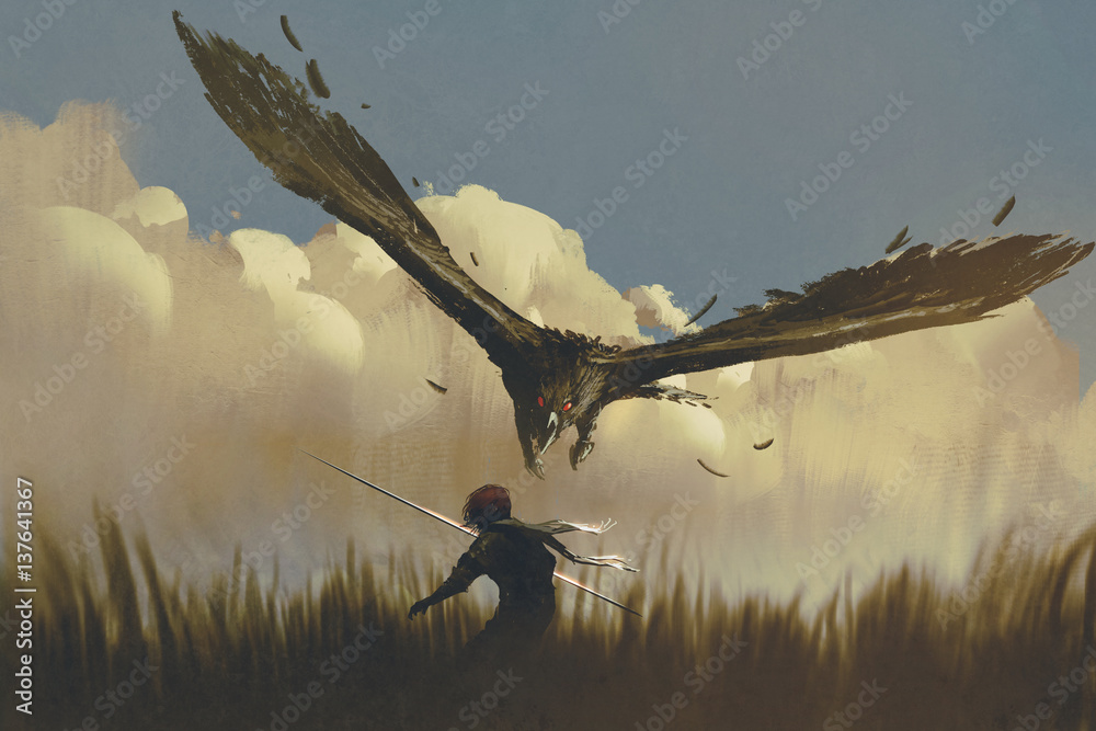 the big eagle attack the warrior from above in a field,illustration ...