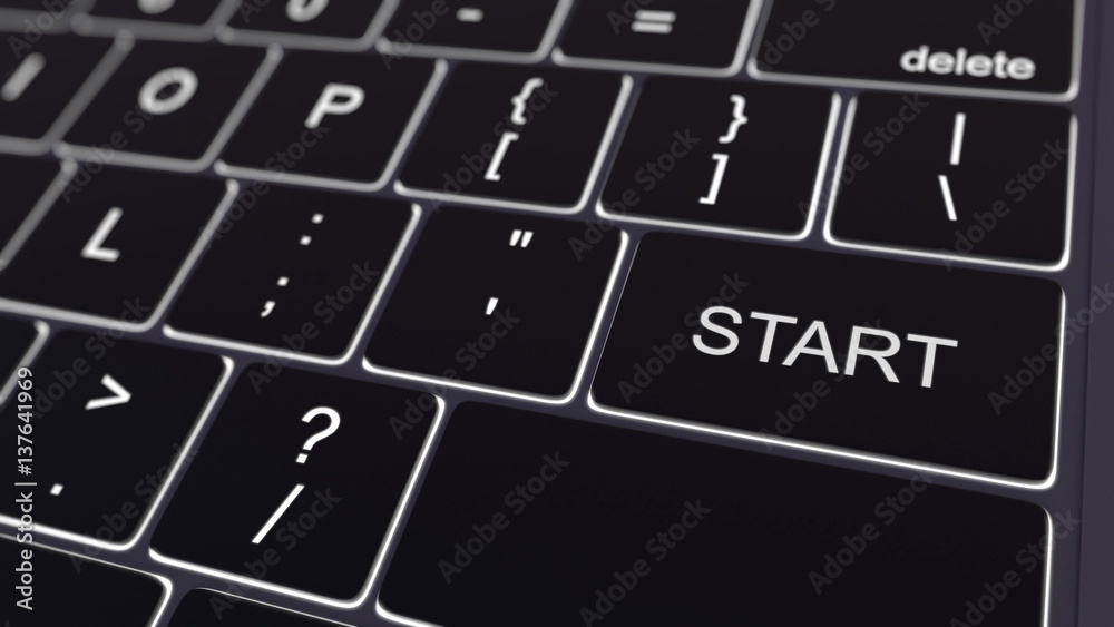 Black computer keyboard and glowing start key. Conceptual 3D rendering ...