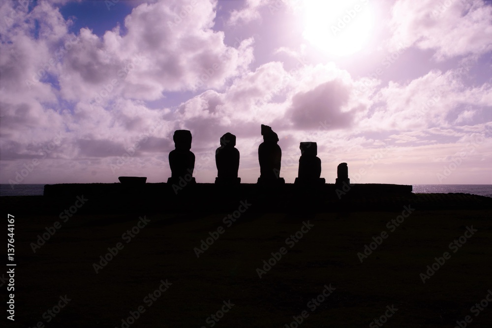 Long shot of the Moai during sunset at Ahu Tahai in Hanga Roa in Rapa ...