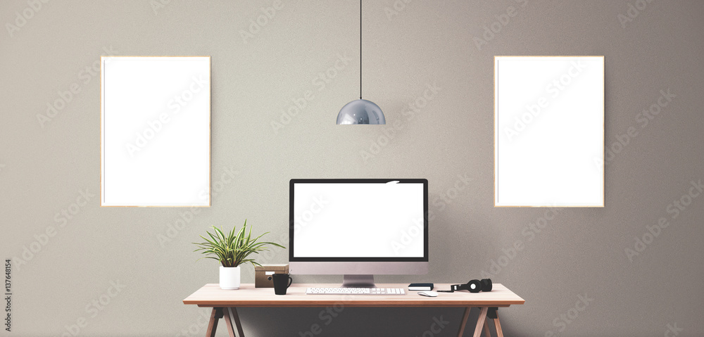 Computer display and office tools on desk. Desktop computer screen ...