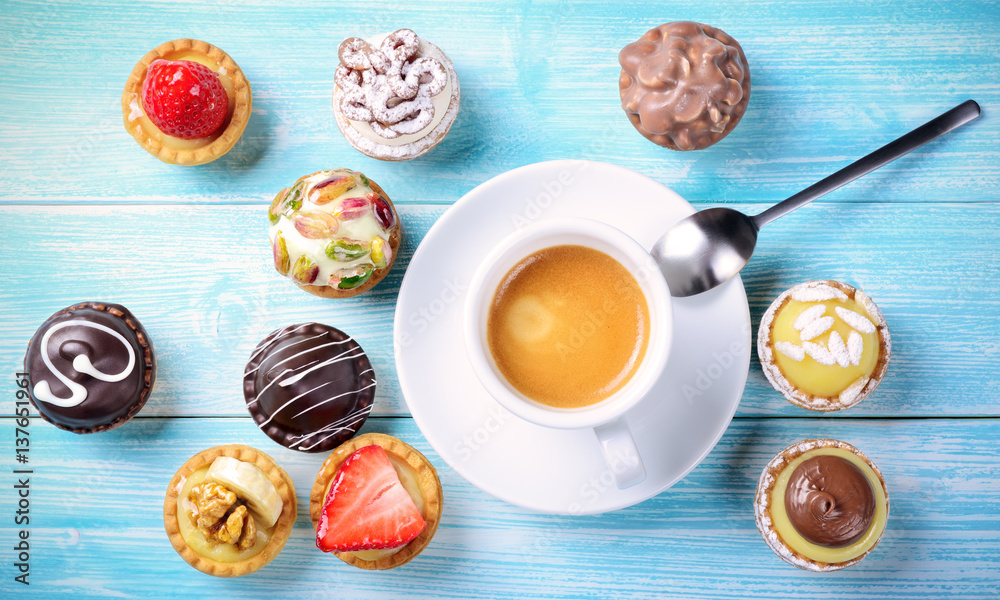Espresso and mixed pastries Stock Photo | Adobe Stock