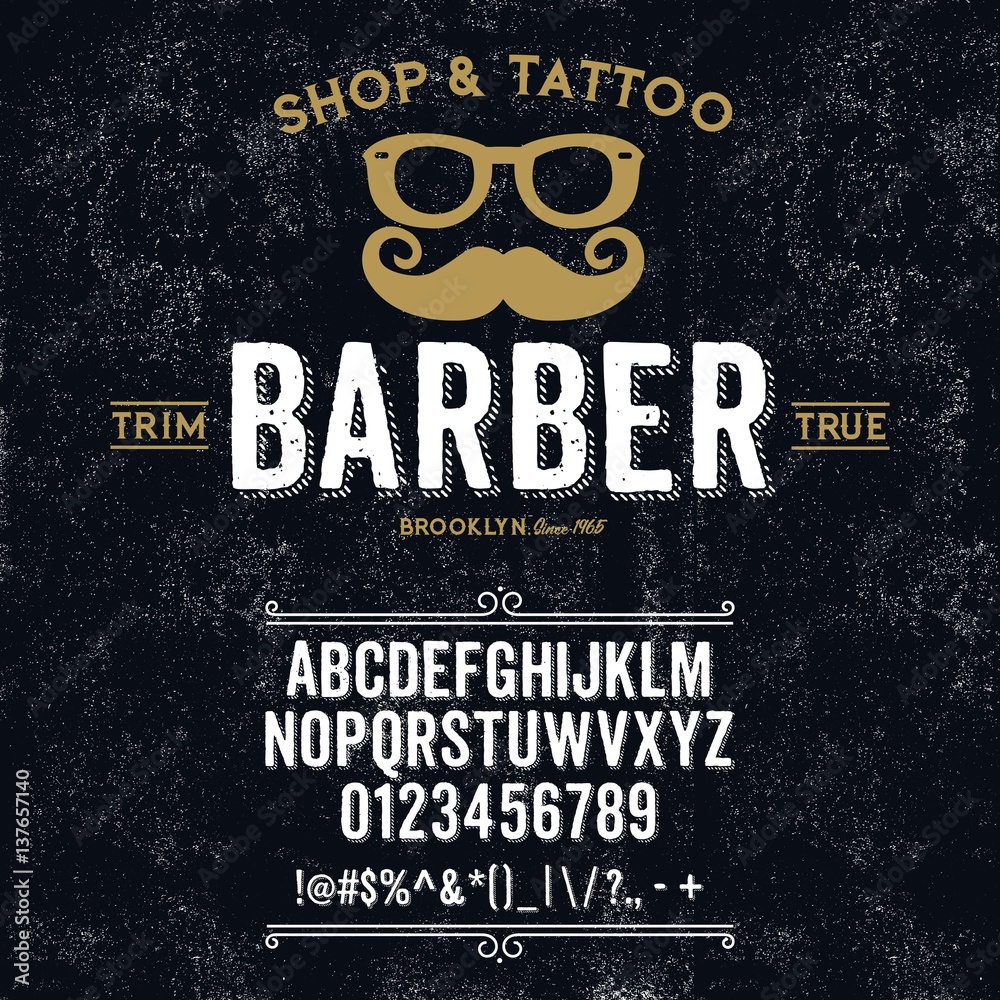 Typeface. Label. Modern barber shop typeface, labels and different type ...