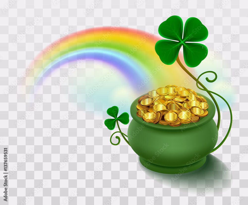Rainbow, green leaf lucky clover and pot full of gold Stock Vector ...