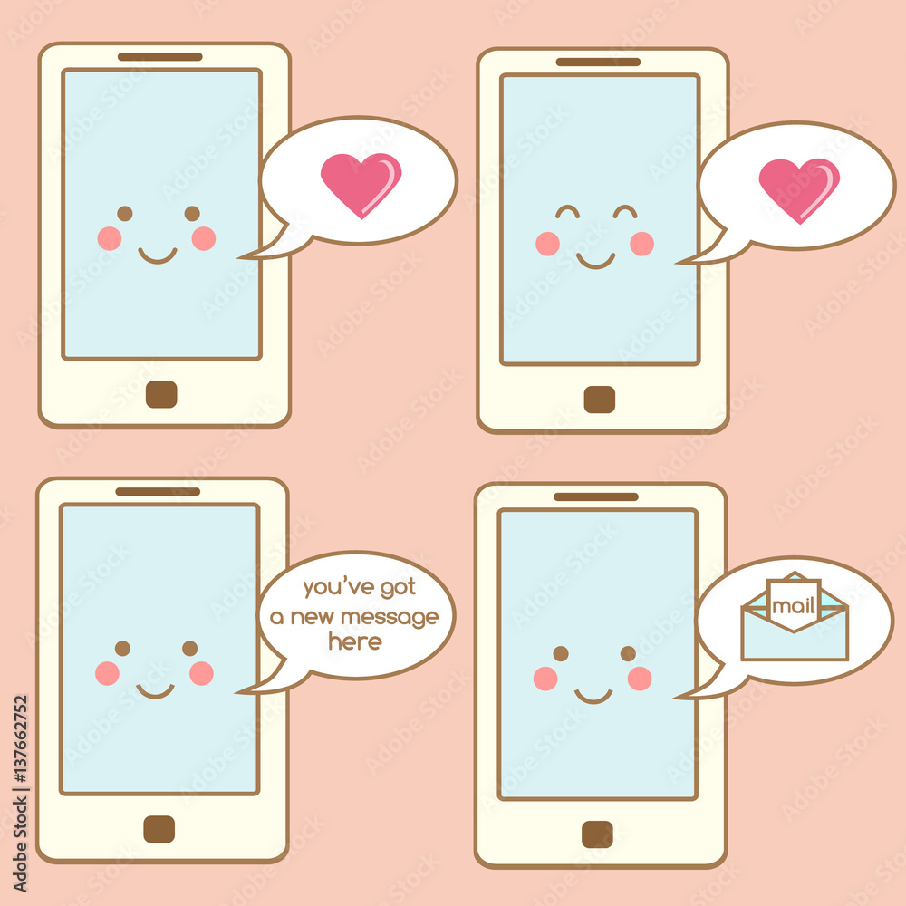 Cute smartphone icons, design elements. Kawaii smiling mobile phone ...