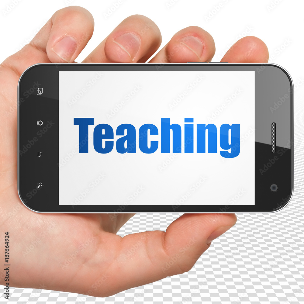Learning concept: Hand Holding Smartphone with Teaching on display ...