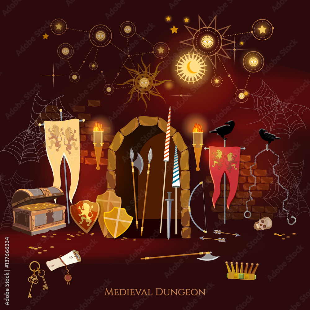 Medieval dungeon, ancient treasure chest, abandoned building interior ...