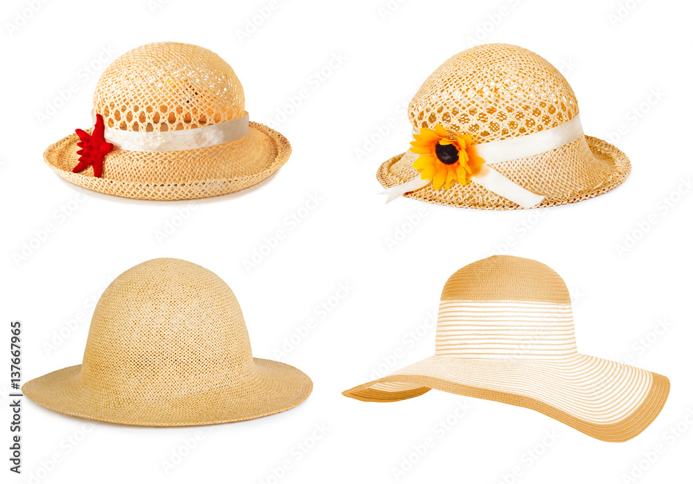 Set the summer straw hat isolated on background Stock Photo | Adobe Stock