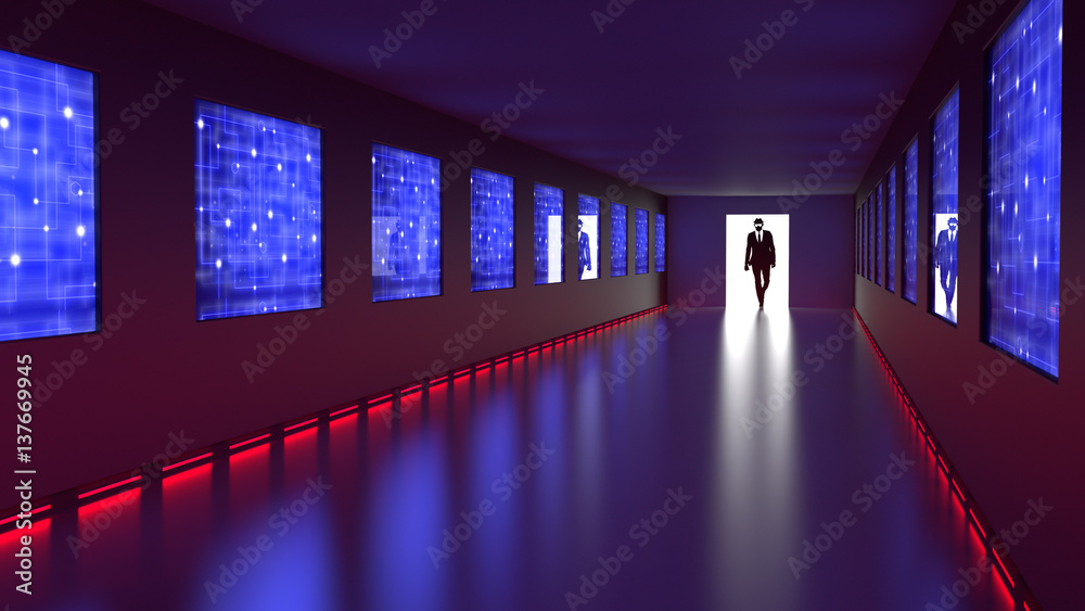 Hacker enters backdoor to server room with network screens Stock ...