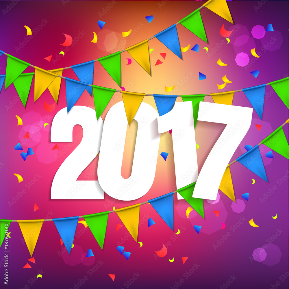 Happy New Year 2017 violet background with coljred flags garland and ...