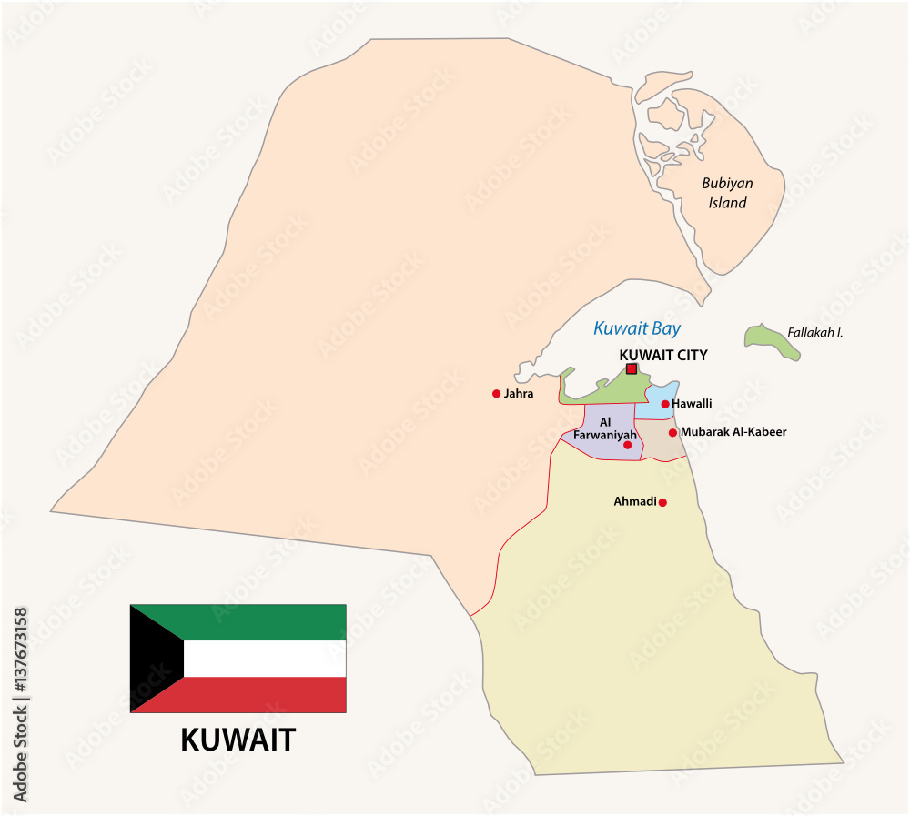 kuwait administrative and political map with flag Stock Vector | Adobe ...