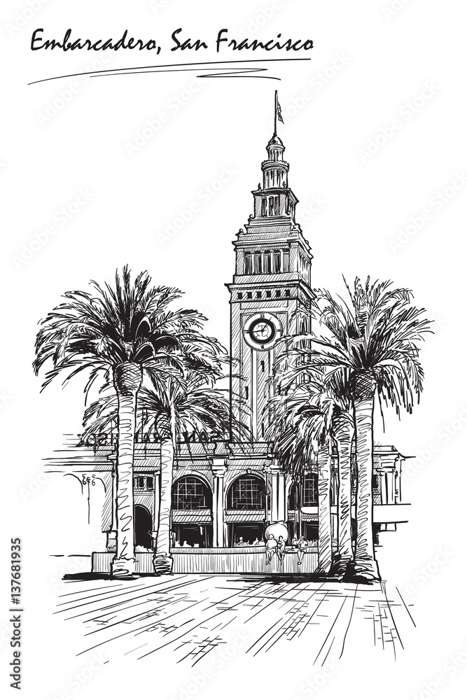 Panorama of the Embarcadero ferry building in San Francisco and palm ...