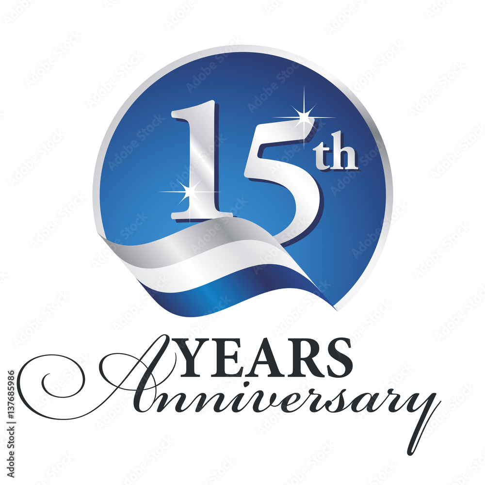 Anniversary 15 th years celebrating logo silver white blue ribbon ...